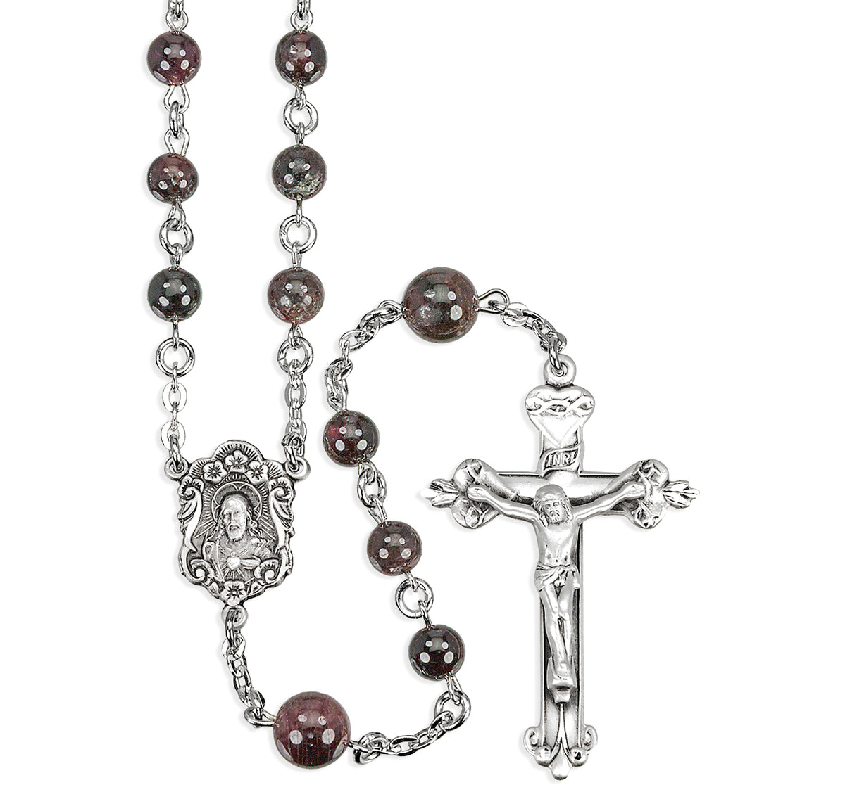 Round Garnet Bead Rosary Sterling Crucifix and Centerpiece - SR760GT ...